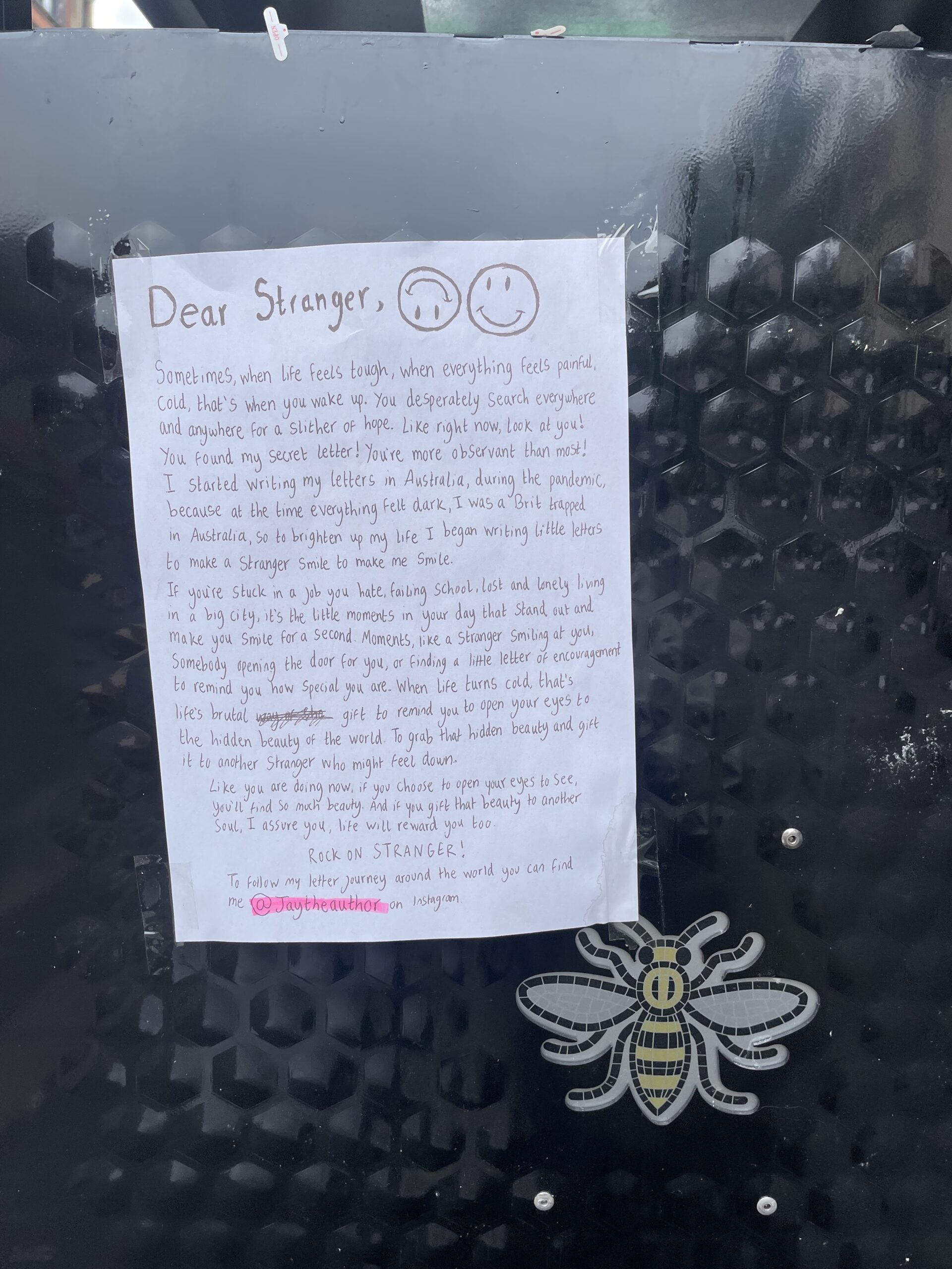 Handwritten notes addressed to strangers are being left around Manchester